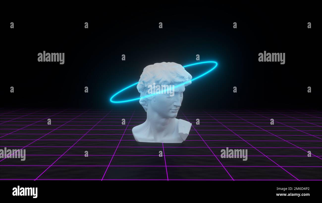 Abstract David's bust with neon gloving light on grid background ...