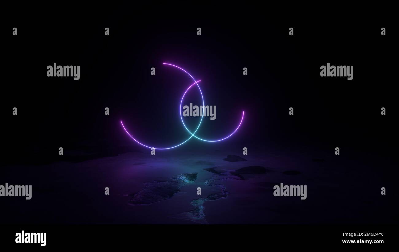 3d abstract background render, pink blue neon light fly on the ground ...