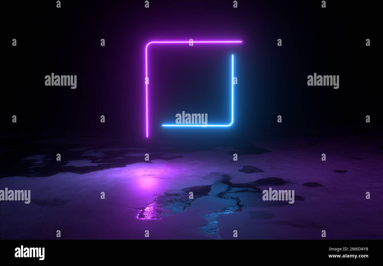 3d abstract background render, pink blue neon light fly on the ground ...