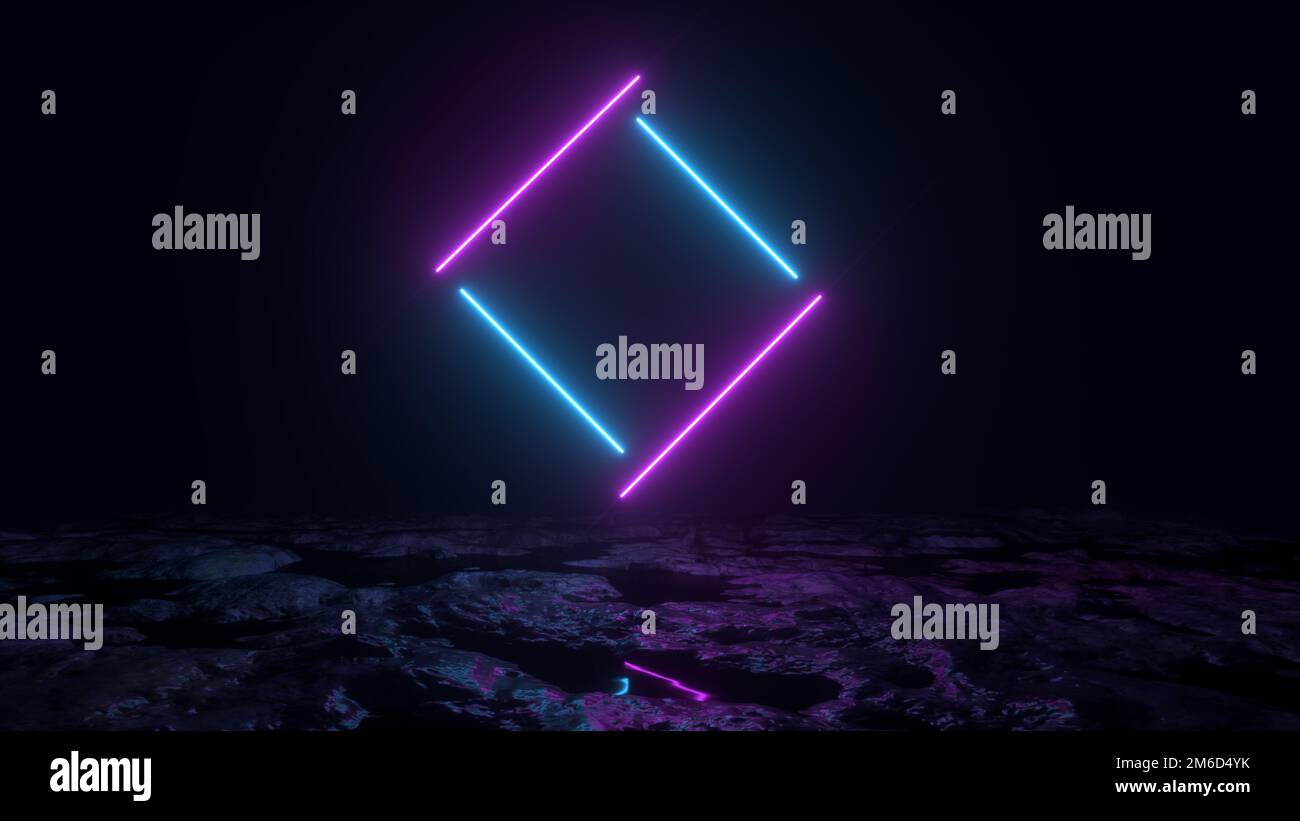 3d abstract background render, pink and blue neon lights fly over the ...