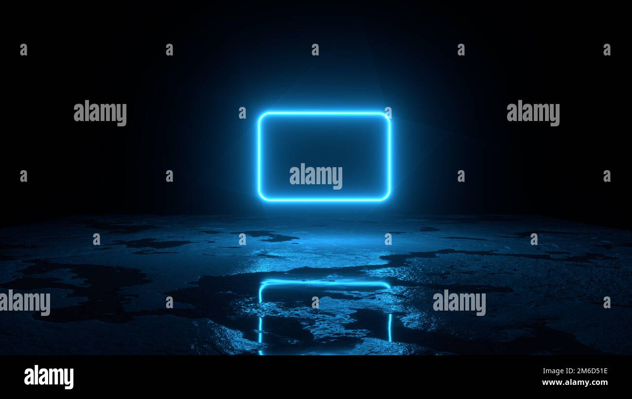 3d abstract background render, blue neon frame fly over the ground ...