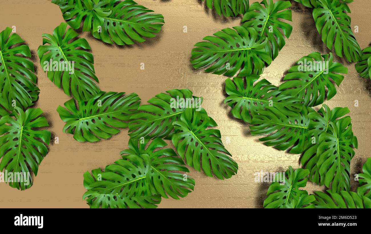 3D render of realistic monstera leaves on gold background for cosmetic ...