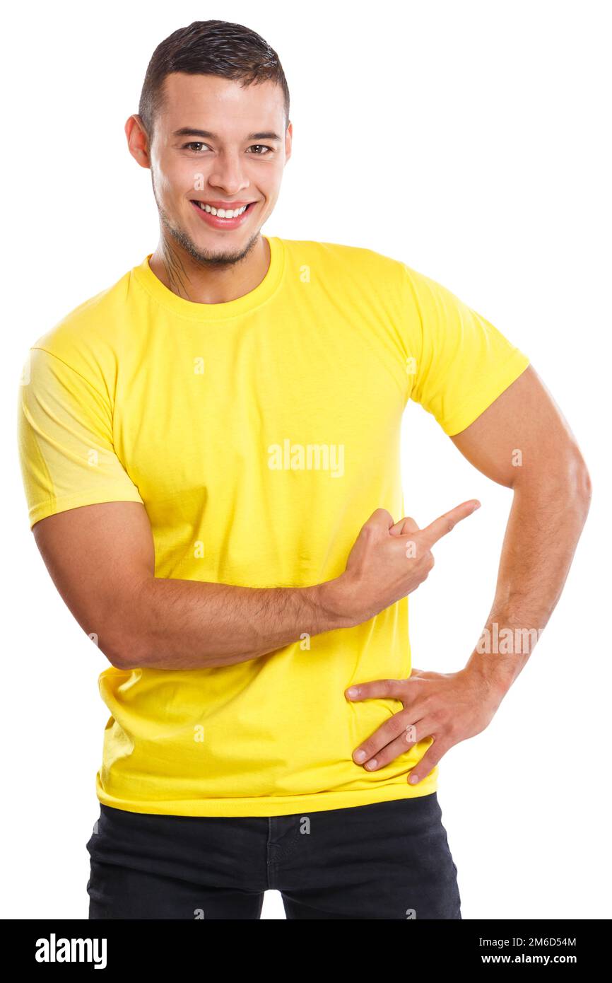 Young latin man showing pointing marketing ad advert people isolated on ...