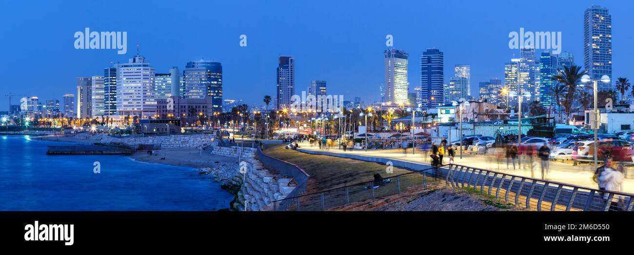 Tel Aviv skyline panorama Israel blue hour night city skyscrapers Stock ...