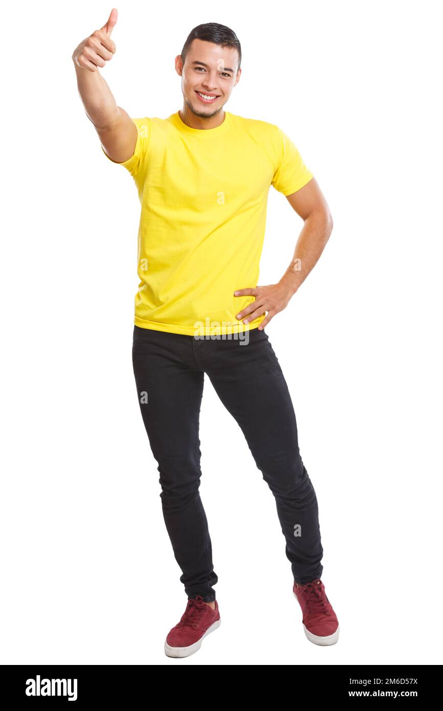 Latin man young success successful smiling full body portrait thumbs up ...