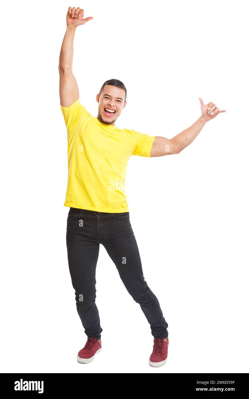 Happy young latin man success successful smiling full body portrait ...