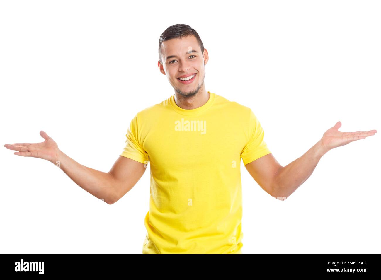 Welcome inviting invitation young latin man isolated on white Stock ...