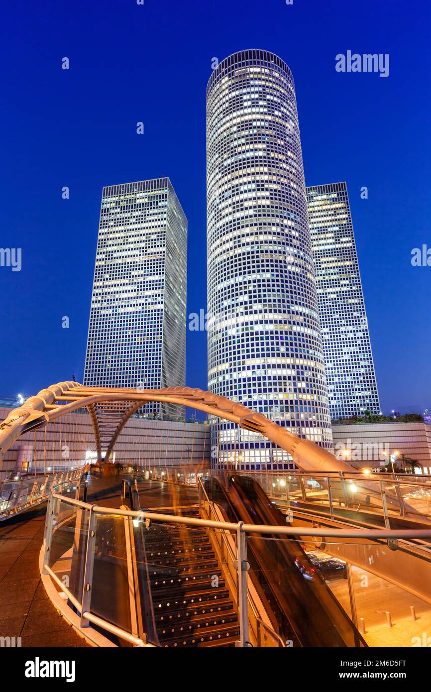 Tel Aviv Azrieli Center skyline Israel blue hour night bridge city ...