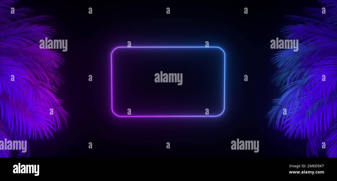 3d render of neon palm leaves and frame on the black. Banner design ...
