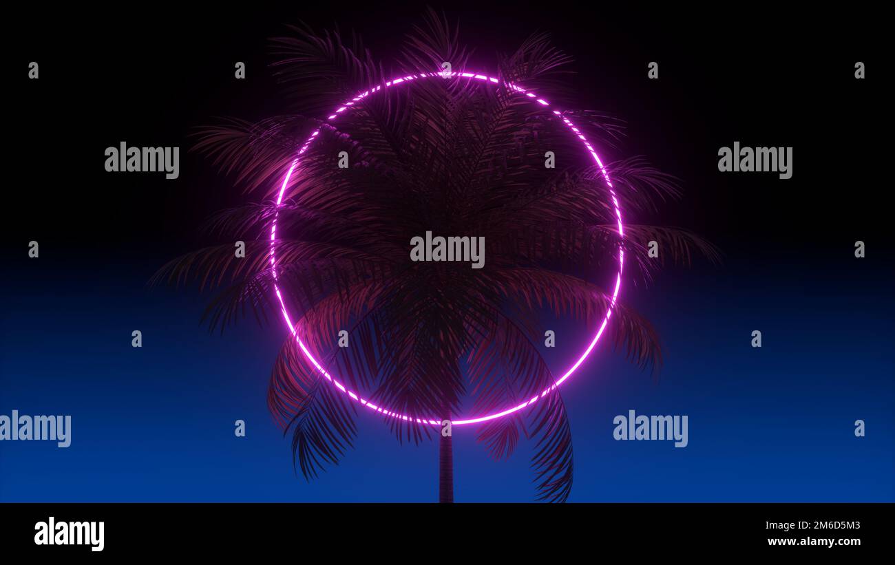 3D vaporwave render background with neon circle, palms and night blue ...