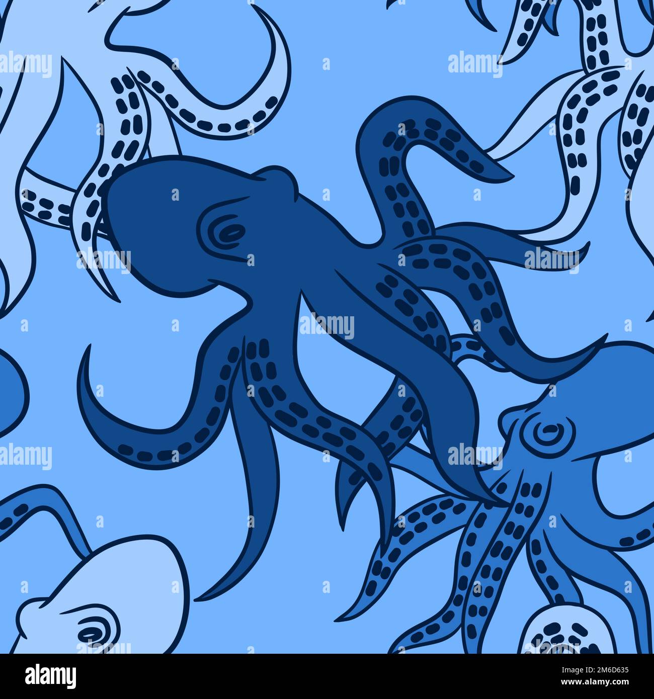 Hand drawn seamless pattern with blue octopus sea ocean species animal ...