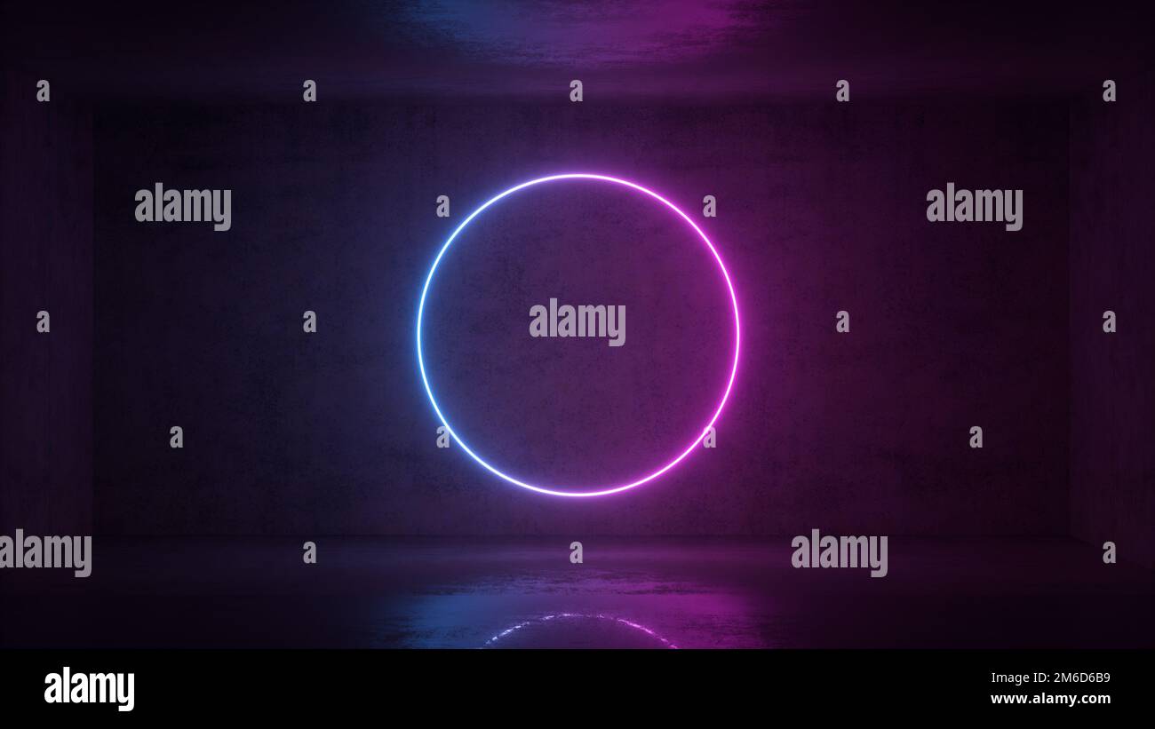 3d render of neon circle frame on background in the room. Banner design ...