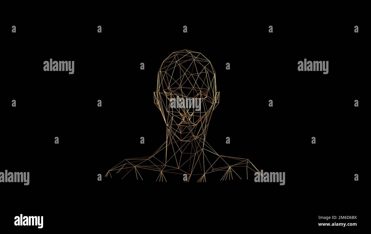 Gold lines on black background. Abstract human face head. Golden ...