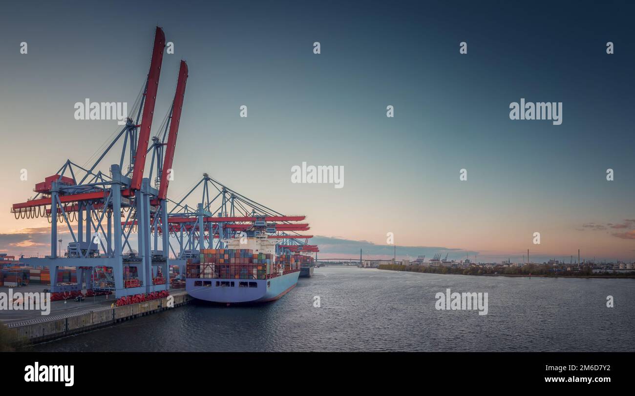 Aerial photograph / Panorama of a terminal in the port of Hamburg at ...
