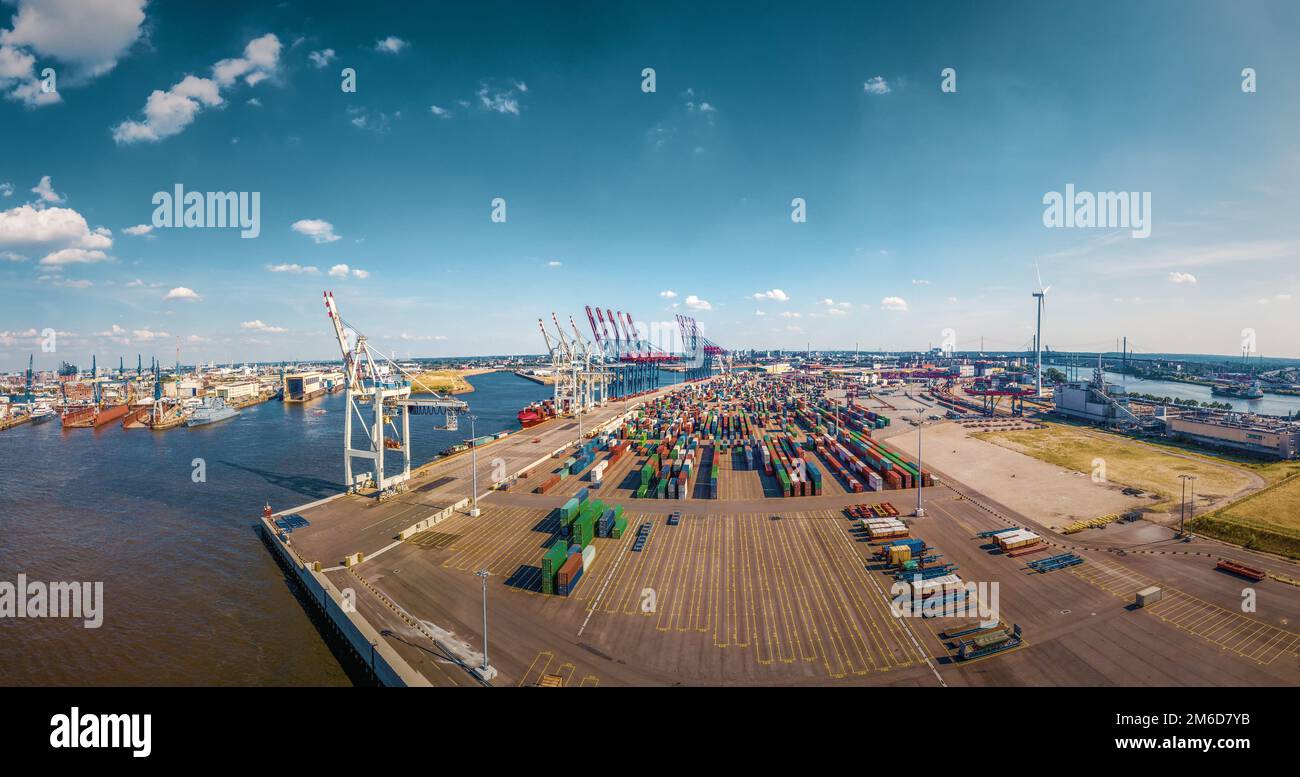 Aerial view of a container terminal in the port of Hamburg in sunshine ...