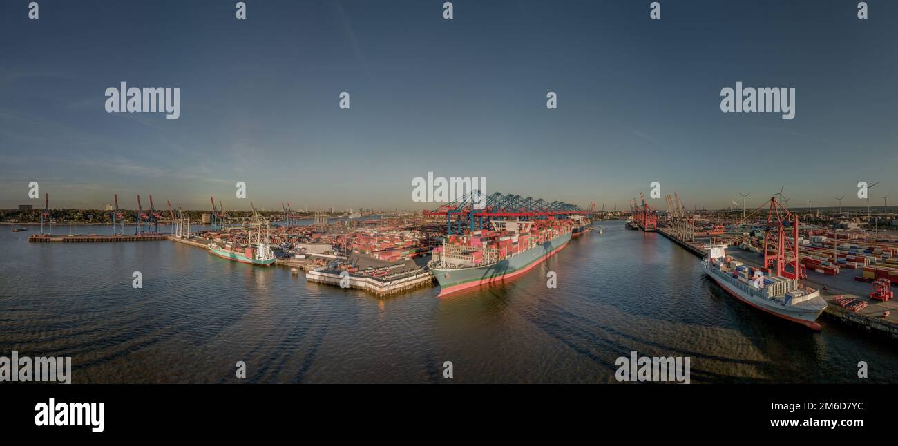 Aerial photo / Panorama of Hambug harbour at sunset Stock Photo - Alamy