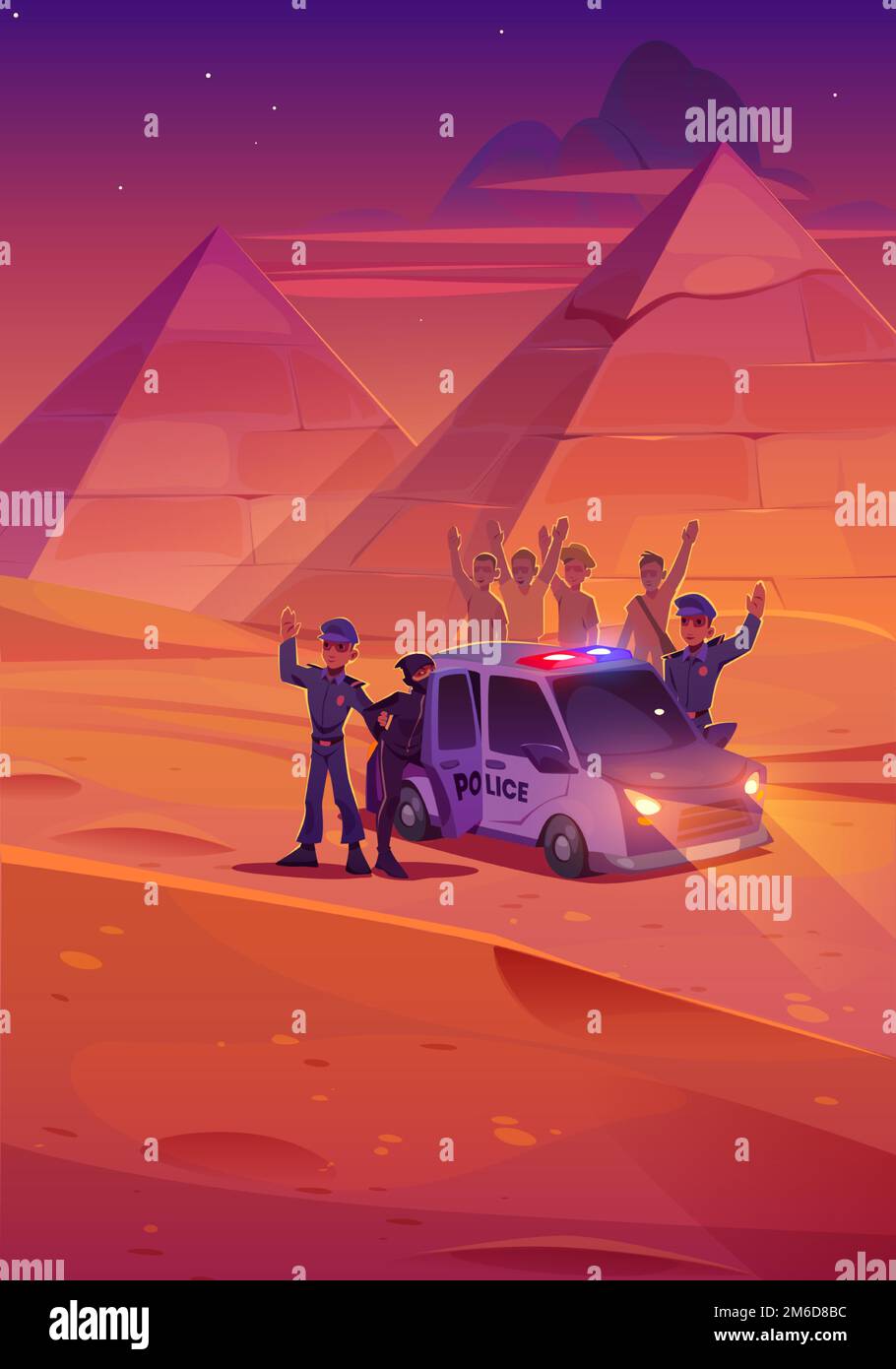 Policeman catch thief in desert in Egypt. African sand desert landscape ...