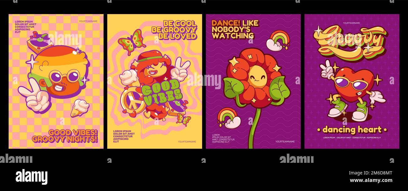 Retro groovy posters design in 70s style. Psychedelic banners with cute ...