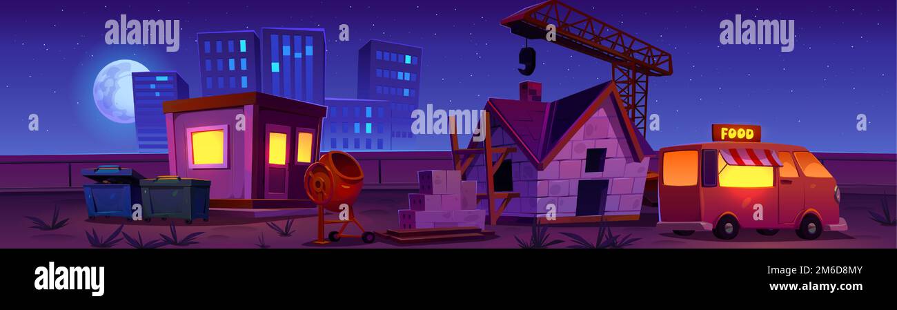 House construction site against night cityscape background. Suburb ...