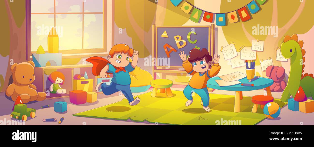 Kids play in kindergarten playroom. Montessori school room interior ...