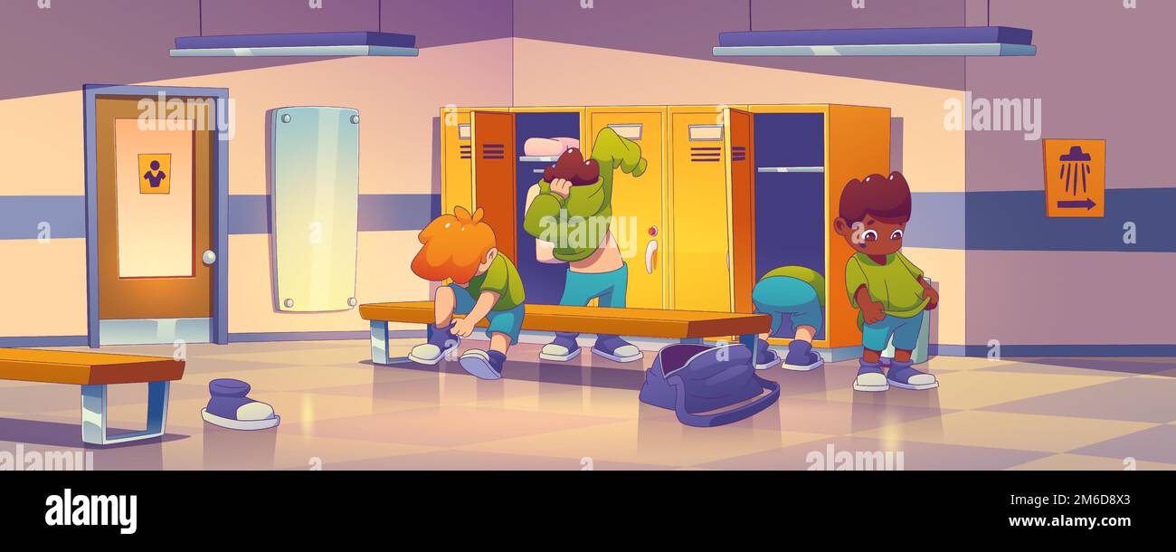 School gym locker room with kids changing sport uniform. Male dressing ...