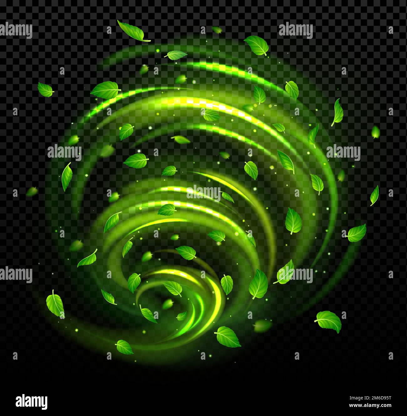 Freshness effect, green air, twist wind flow with green leaves. Glow ...