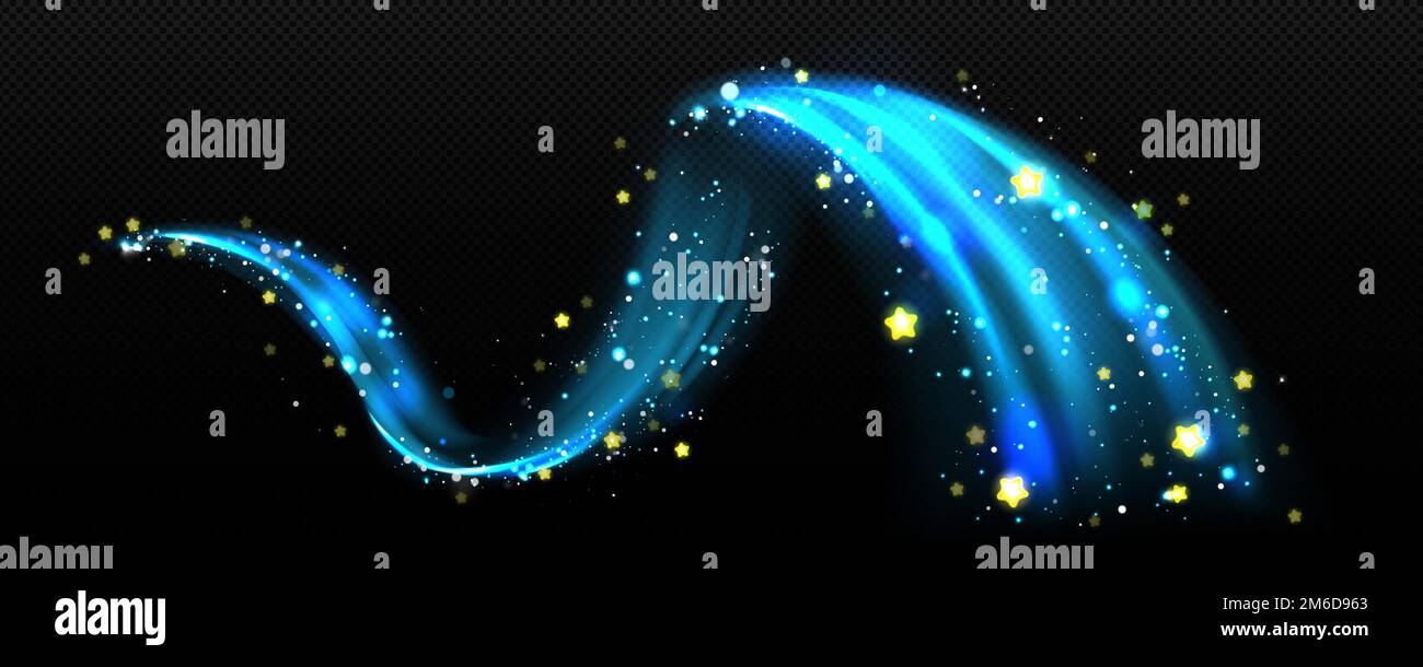 Magic light effect, blue air wave or wind flow with golden stars. Glow ...