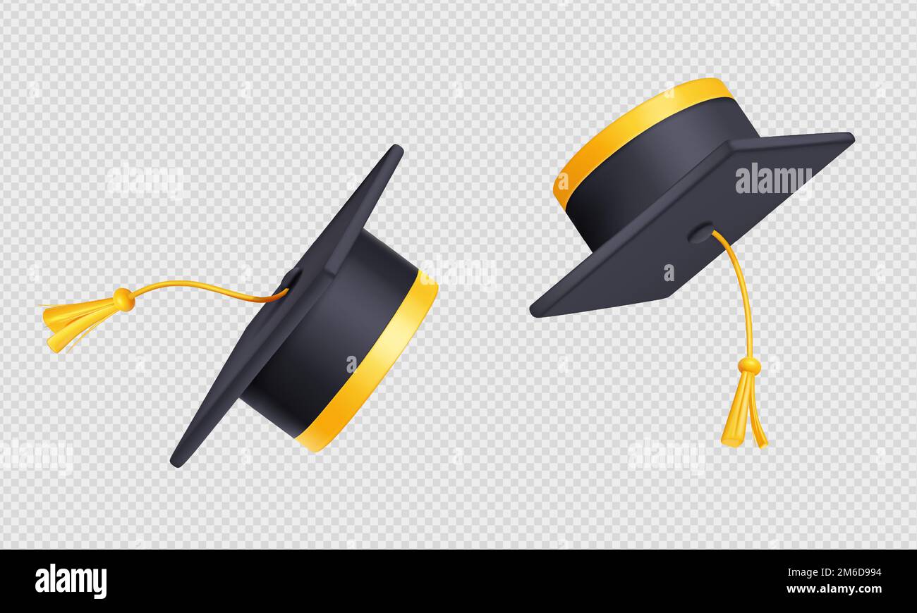 Throw up graduation caps in air. Flying black academic hats with yellow ...