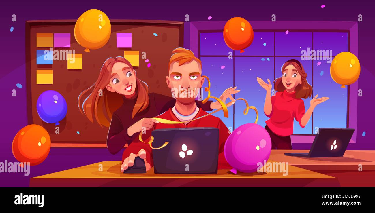 Annoyed man with angry face working on laptop. Happy female colleagues ...