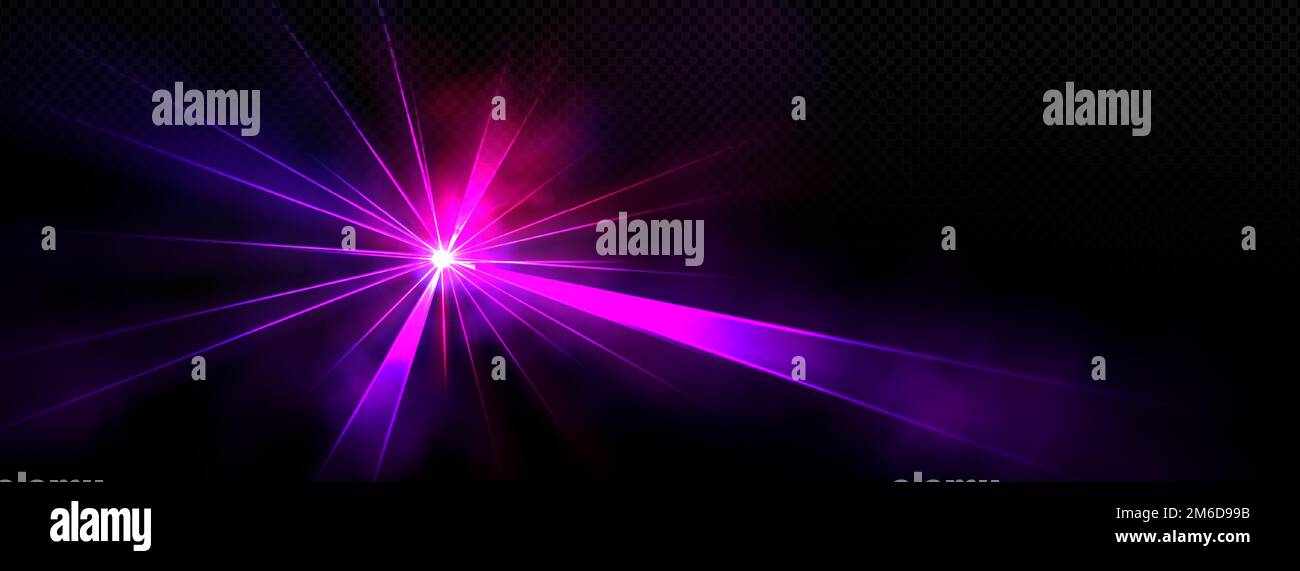 Bright light spot with colorful beams shining in darkness and foggy ...