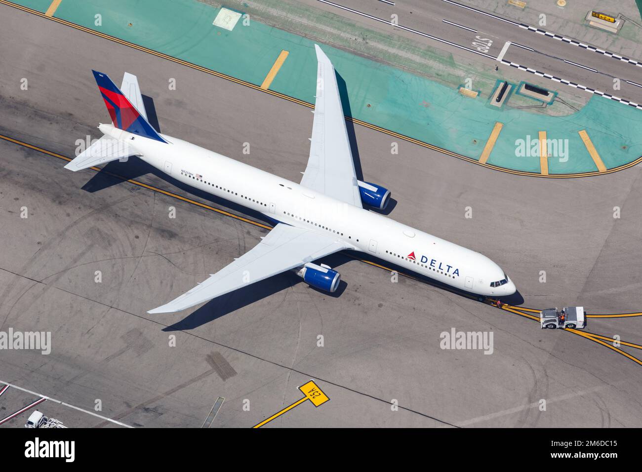 Delta Air Lines Boeing 767-400ER airplane Los Angeles airport aerial ...