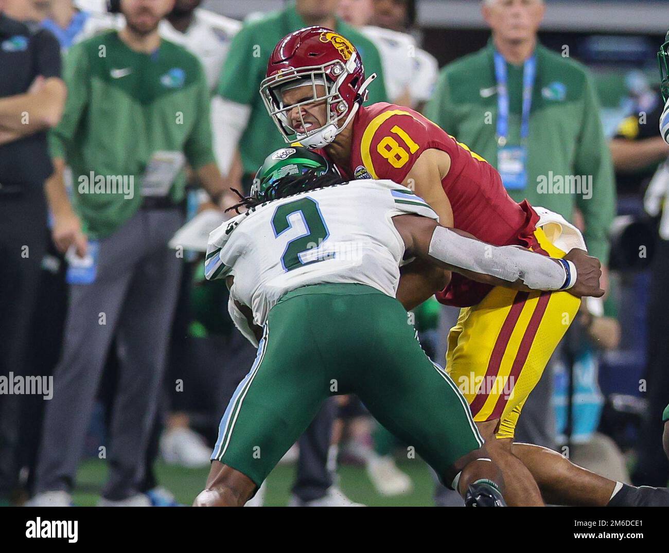 Arlington, TX, USA. 2nd Jan, 2023. USC's Kyle Ford (81) collides with ...