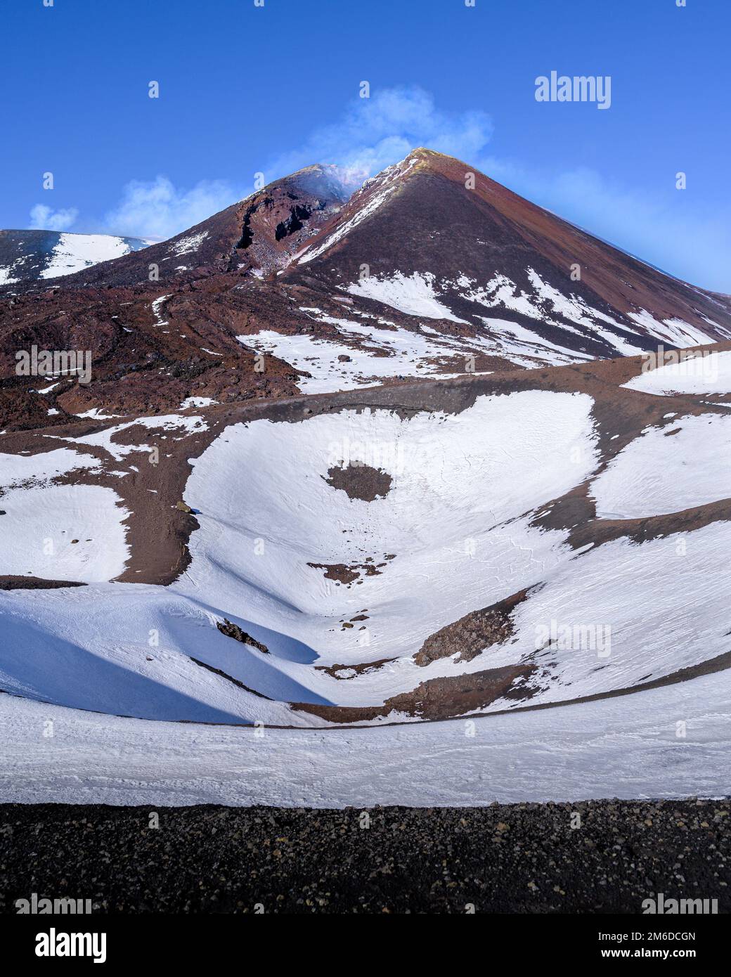 Etna summital crater smoking with snow covered caldera, Mount Etna ...