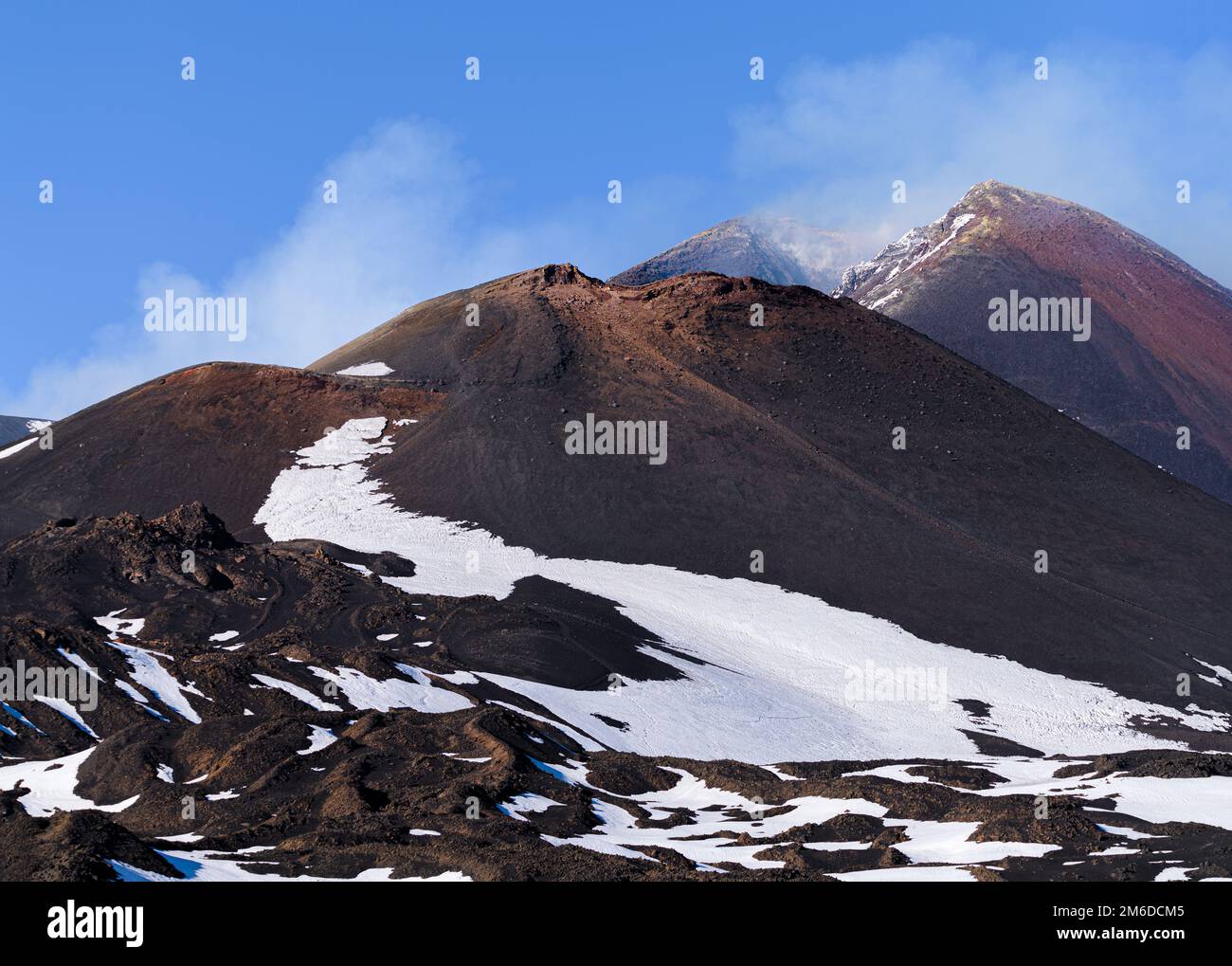 Moonscape of Mount Etna volcano smoking craters in a snow-covered ...
