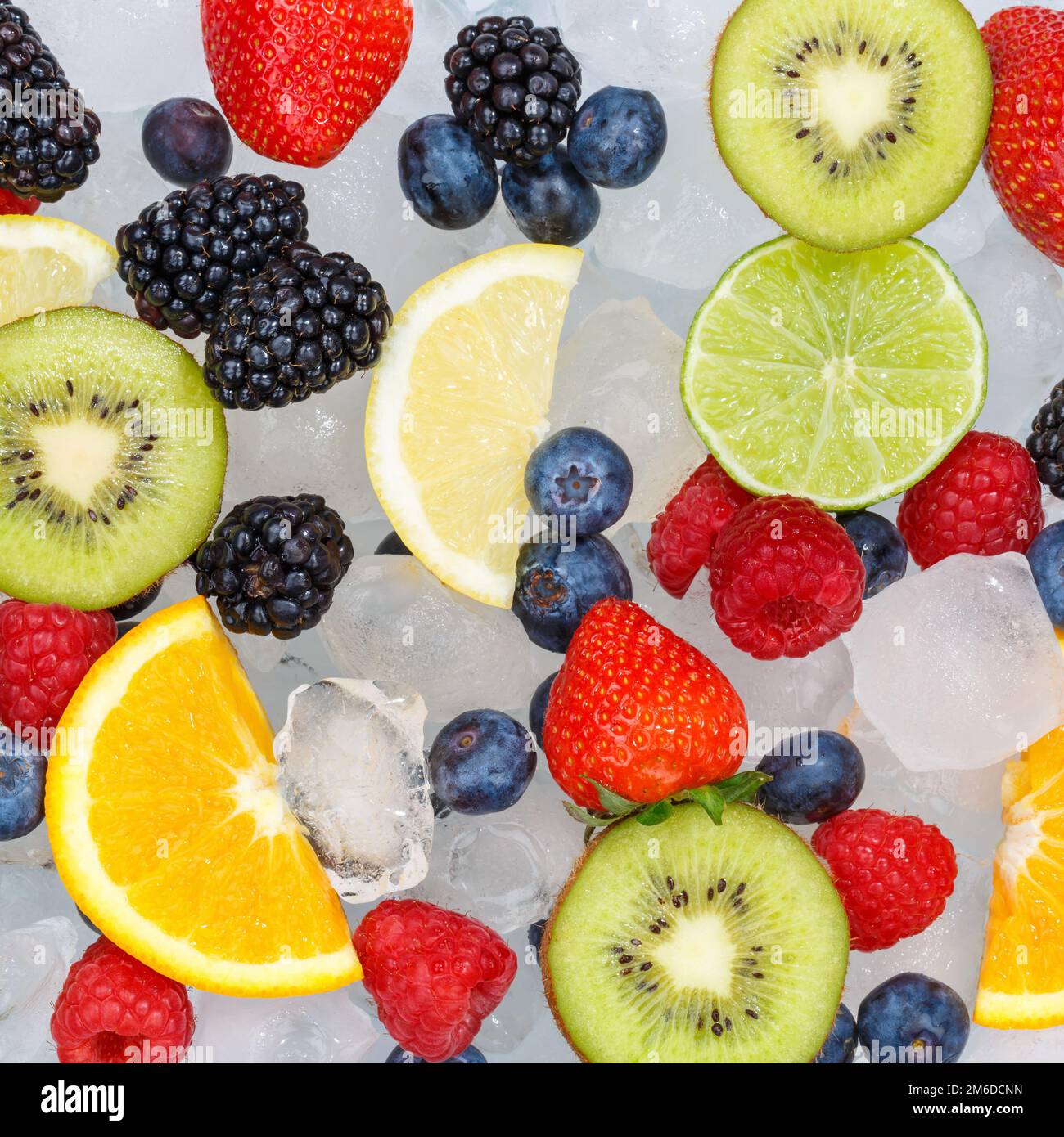 Fruits berry food background square oranges strawberries ice cubes ...