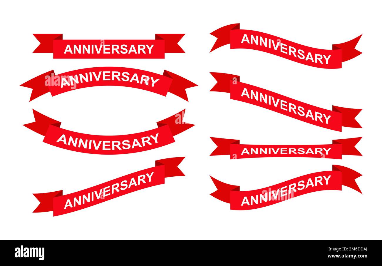 Set of red ribbons of different shapes with the inscription ANNIVERSARY ...