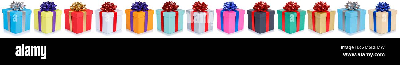 Collection of birthday gifts christmas presents in a row isolated on ...
