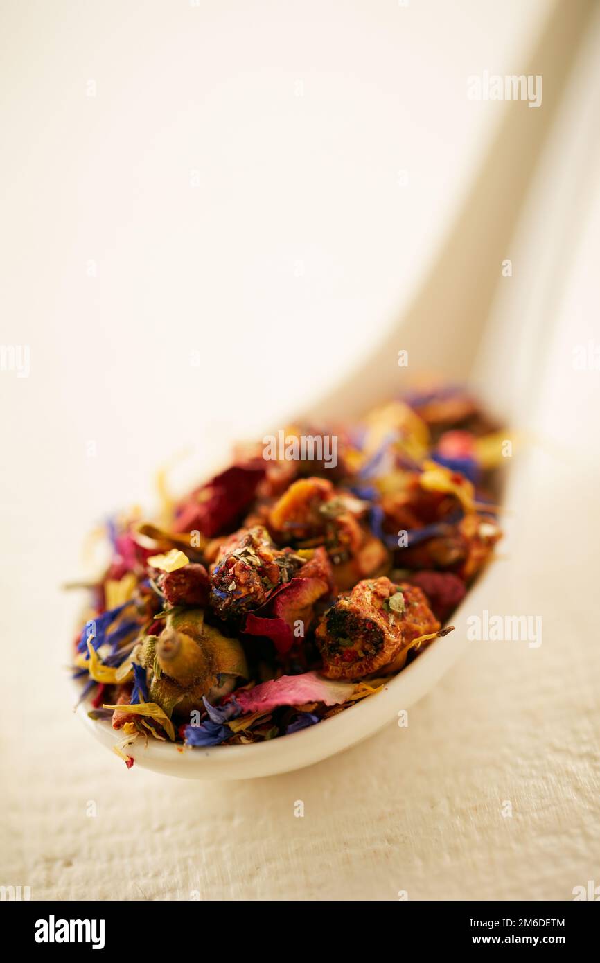 Dried flower tea, various dried leaves Stock Photo - Alamy