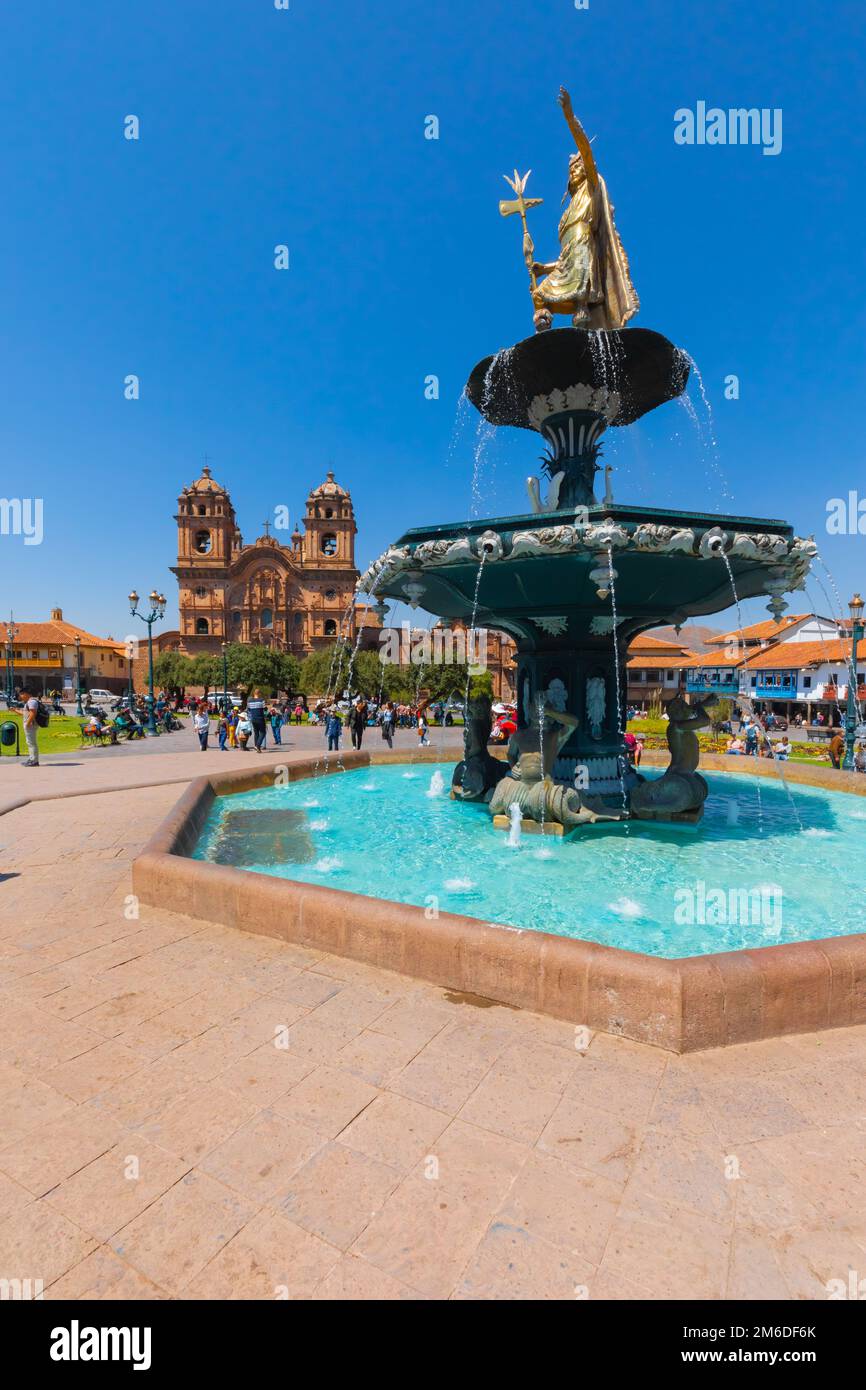 Cuzco Peru fountain with golden statue of the Inca Stock Photo - Alamy