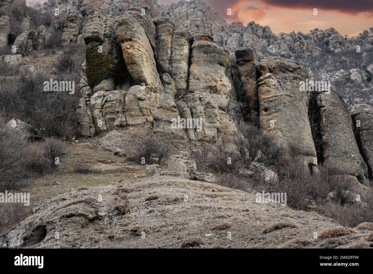 Bizarre rocks of Valley of ghosts on Mount Demerdzhi in early spring ...