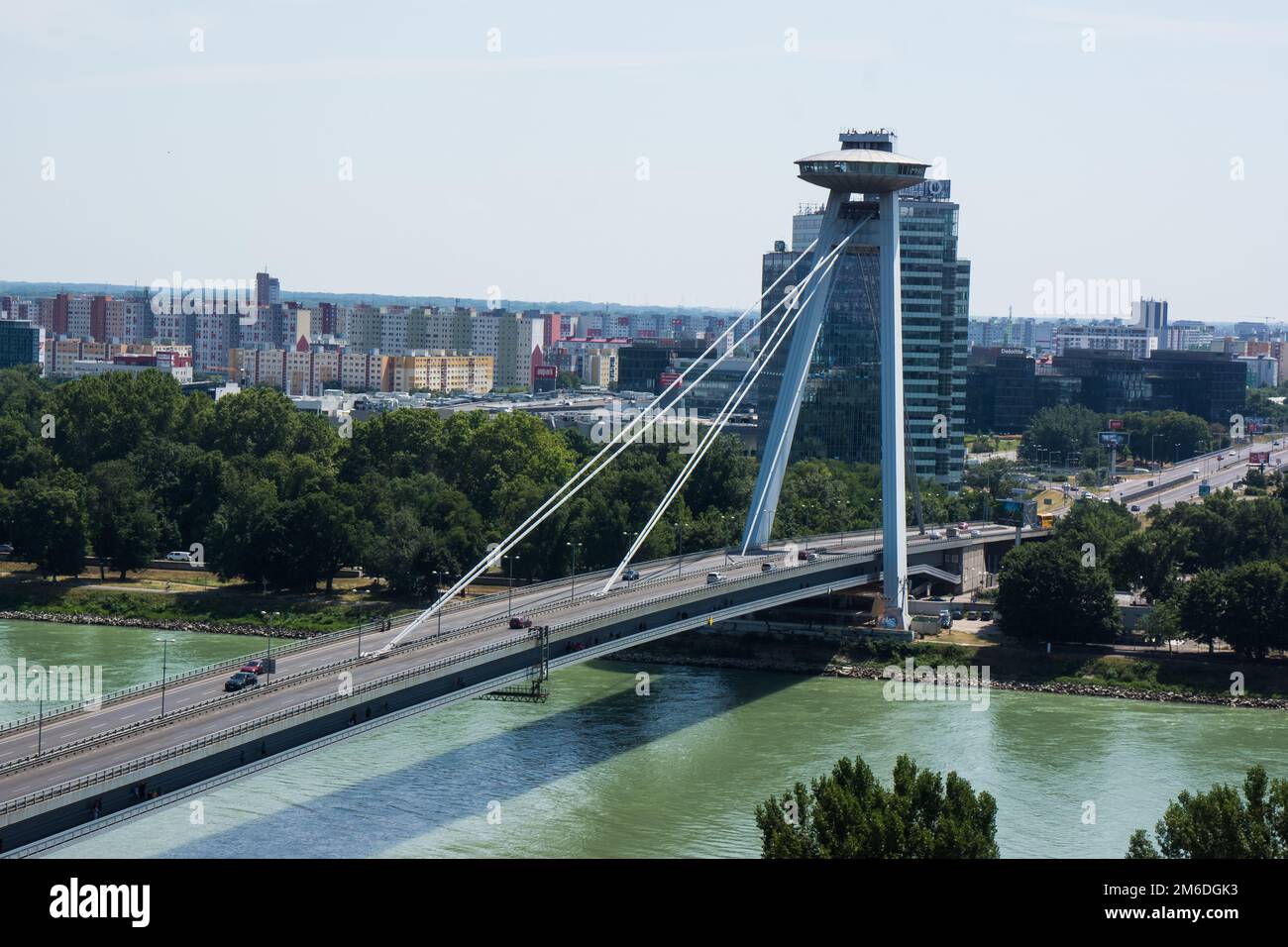 Most SNP bridge with UFO observation deck over danube Stock Photo - Alamy