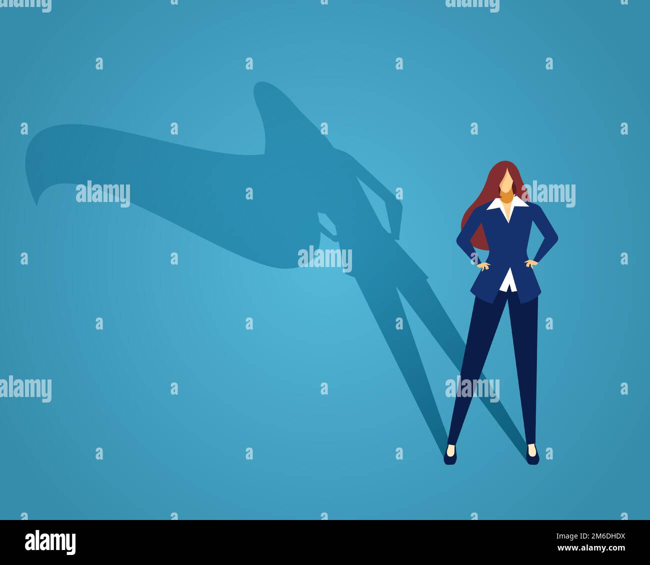 Businesswoman standing with superhero shadow, confident female. Vector ...