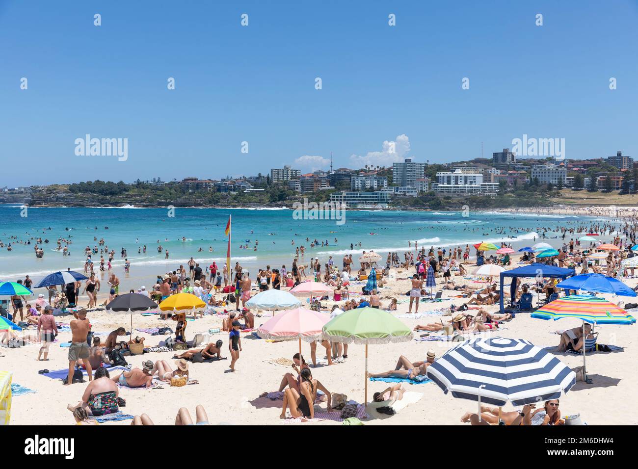 Bondi Beach Sydney summer 2023, view south towards Bondi Icebergs of ...