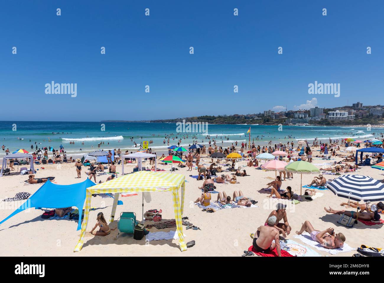 Bondi Beach Sydney summer 2023, view south towards Bondi Icebergs of ...