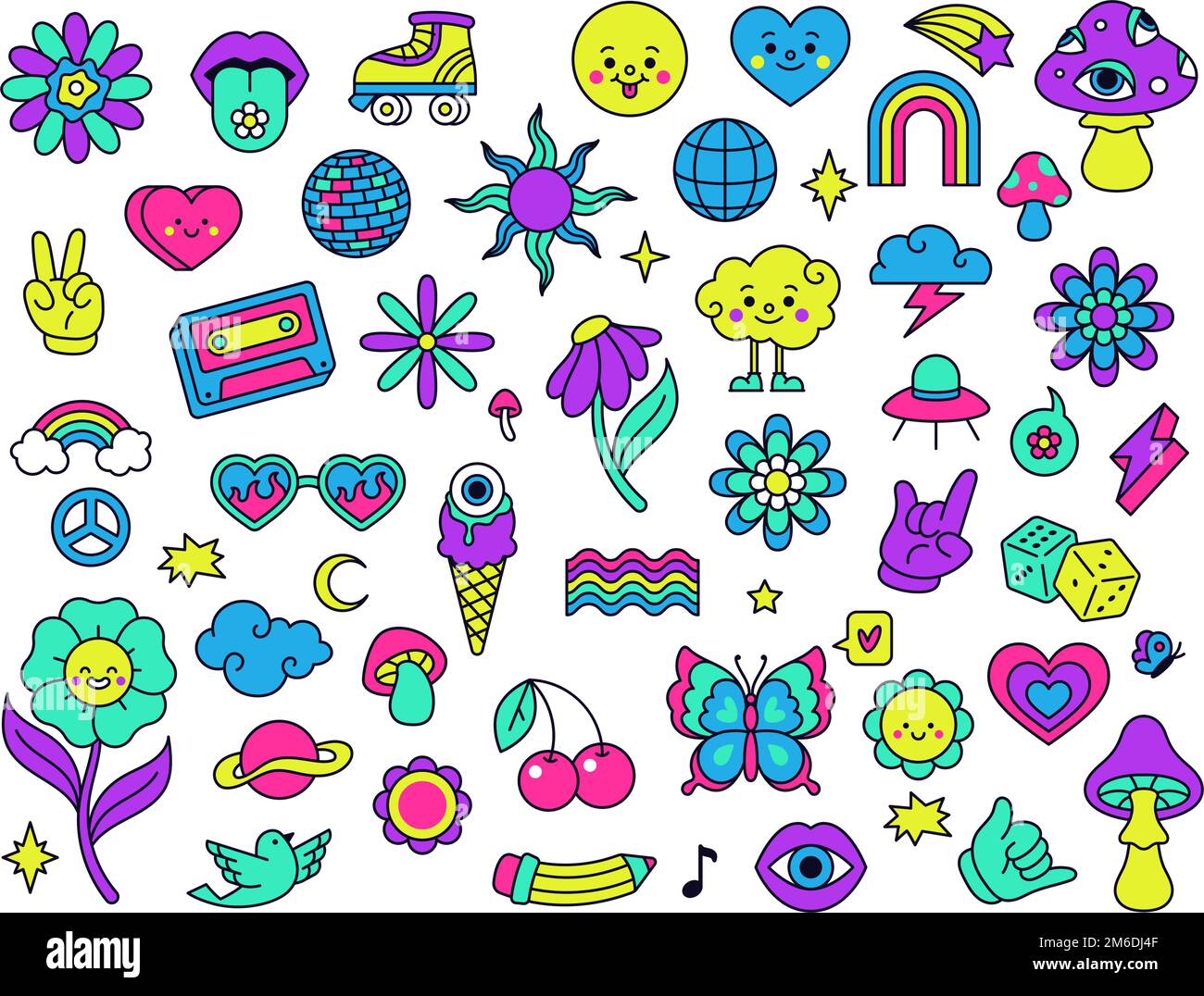 Neon groovy elements cherry flowers and ice cream. Vector smile and ...