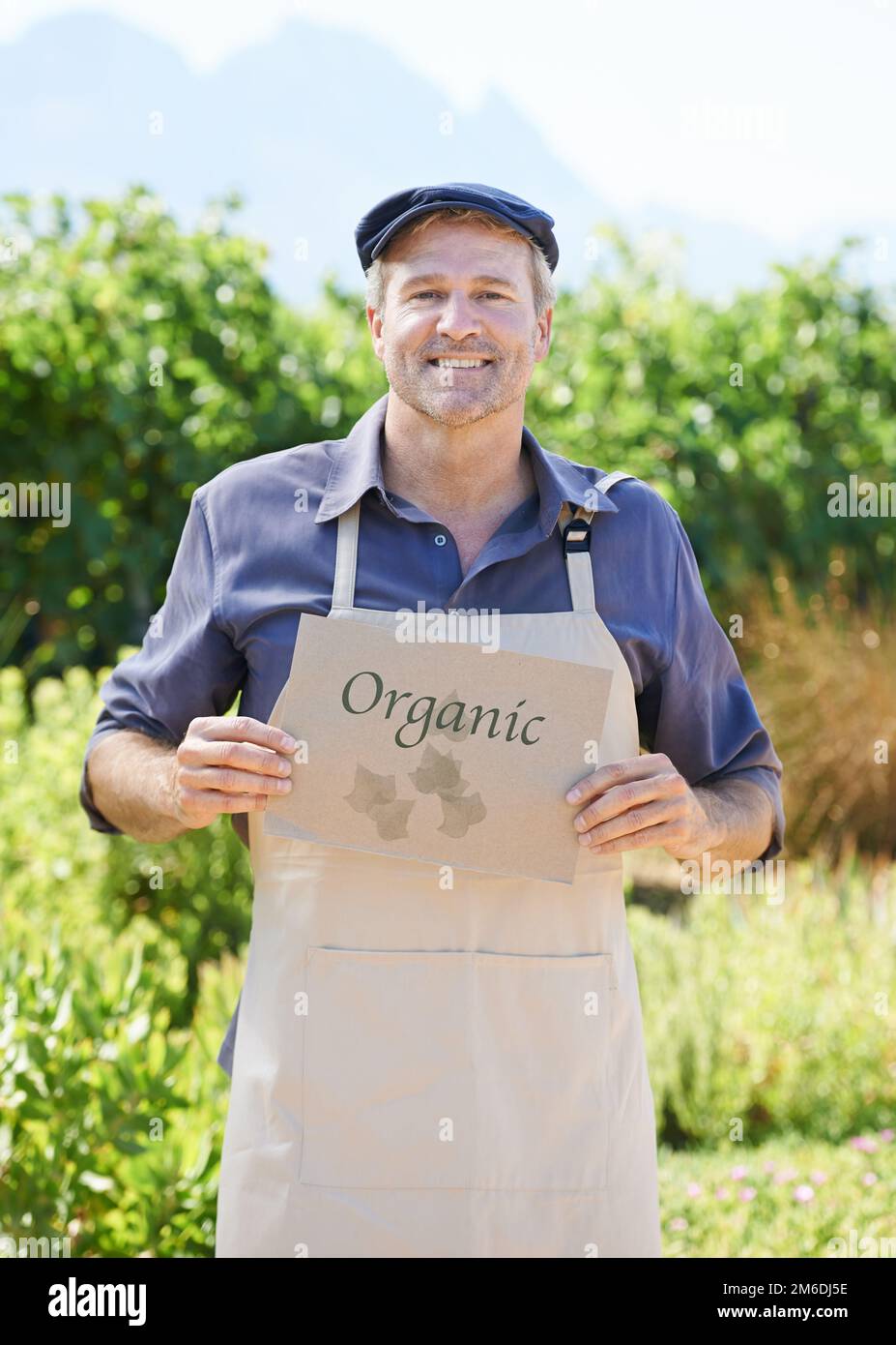 We only grow organic here. A mature farmer holding an organic sign ...