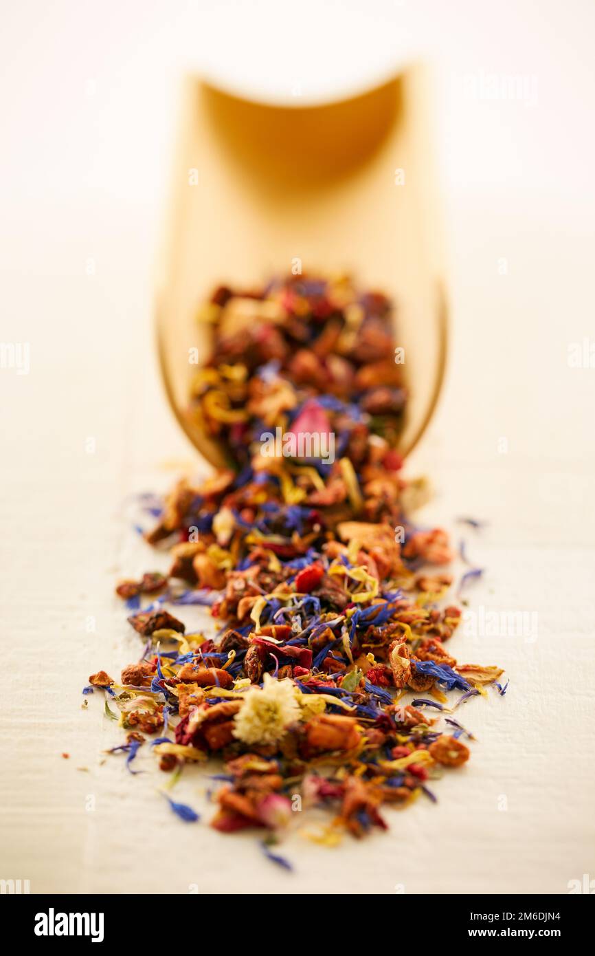 Dried flower tea, various dried leaves Stock Photo - Alamy