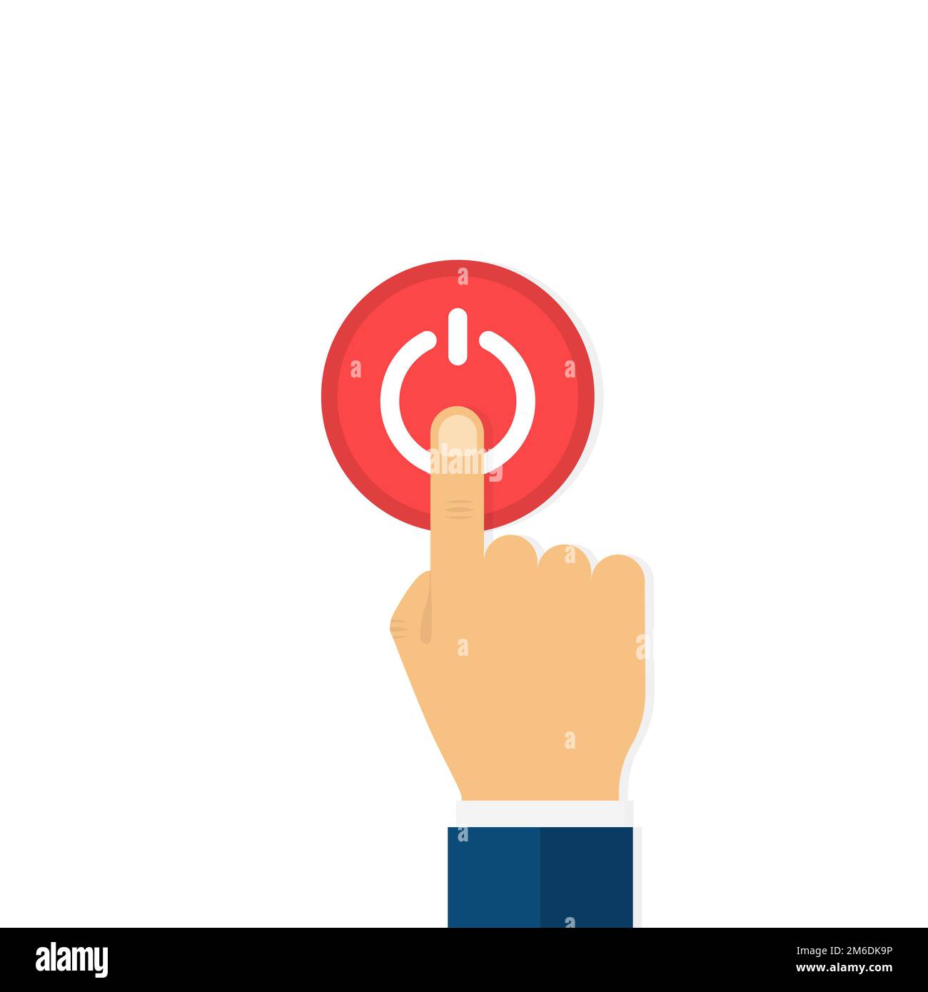 Hand with finger pressing on button. Red power or start button. Man ...