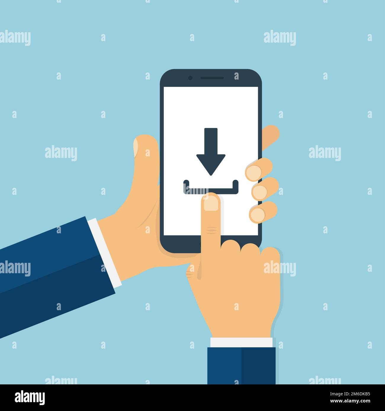 Man hands holding smartphone with download sign on screen. Finger ...
