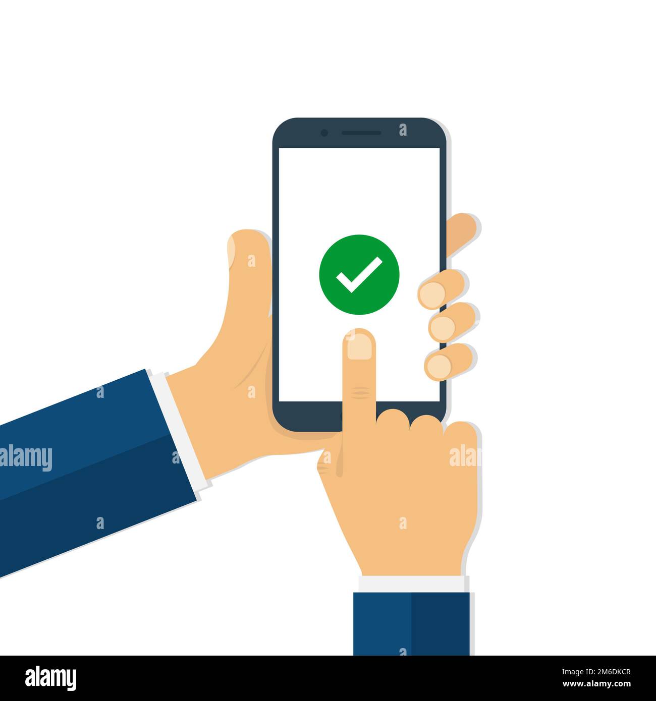 Man hands holding smartphone with check mark on screen. Finger touching ...